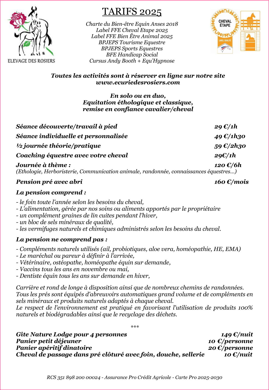 Tarifs – Elevage/Ecurie des Rosiers